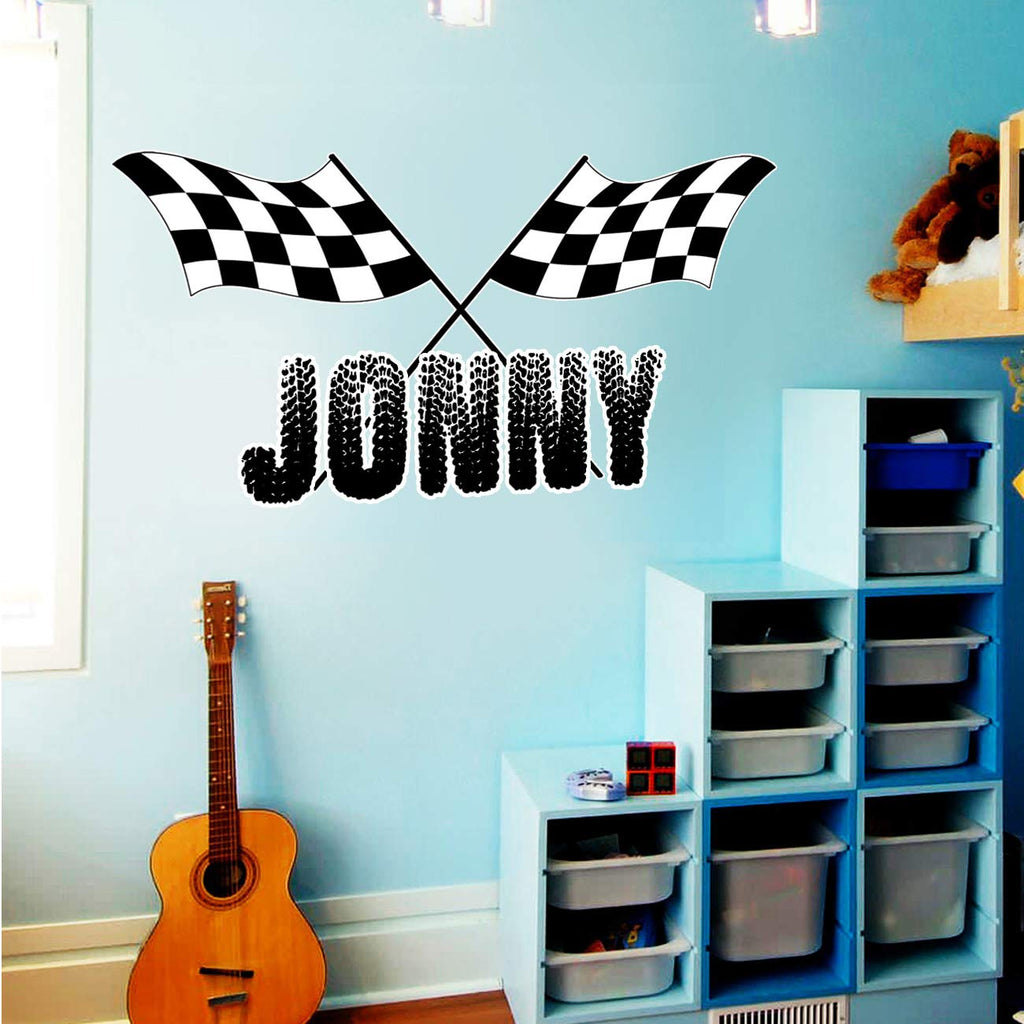 Racing Wall Decals for Boys Room Custom Name Flag and Name Racing Stic