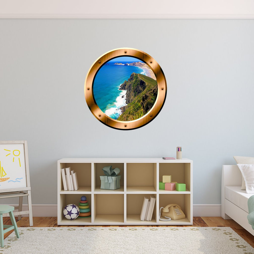 Ocean Mountain View Bronze Window Porthole Peel & Sticker Wall Decal | VWAQ