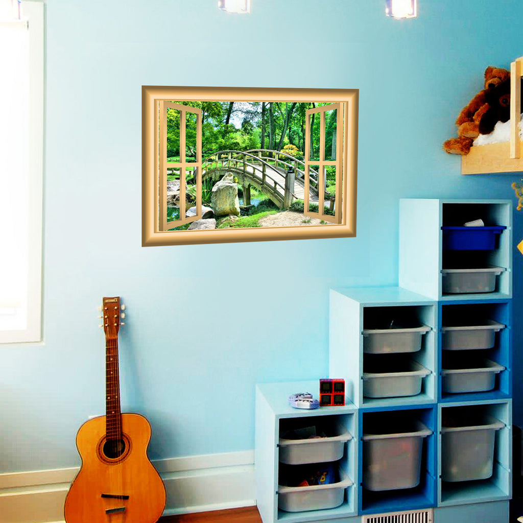 Wooden Bridge over Babbling Brook Window Frame Decal Peel and Stick ...