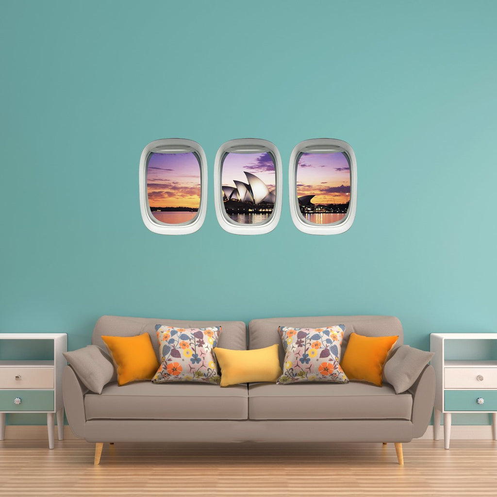 Pack of 3 Airplane Window Sydney Opera House View Peel and Stick Wall