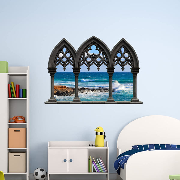 Window Frame Overlooking a Rocky Beach Peel and Stick Decals