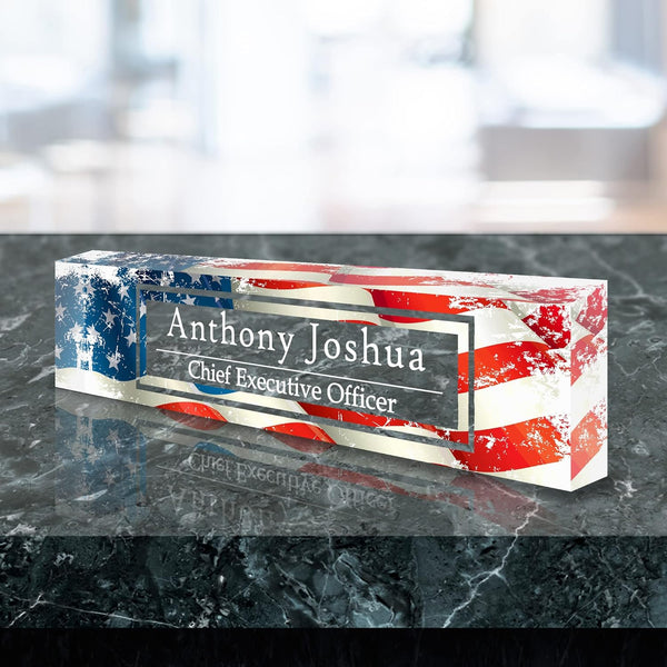 VWAQ Custom American Flag Name Plate for Desk - Clear Acrylic Glass Ar