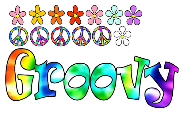 Tie Dye Groovy Vinyl Decal Retro Flowers And Peace Signs Wall Stickers