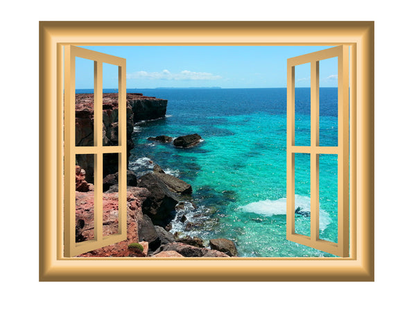 Ocean Mountain Cliff View Window Frame Sea Wall Decal Blue Water Mural ...
