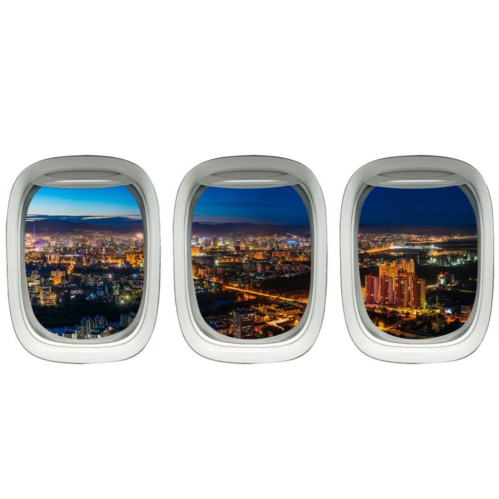 Pack of 3 Airplane Window City View Peel and Stick Vinyl Wall Decals | VWAQ