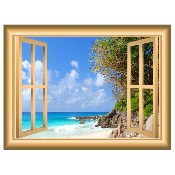 3D Coastline Beach Scene Peel and Stick Window Frame Wall Decal | VWAQ